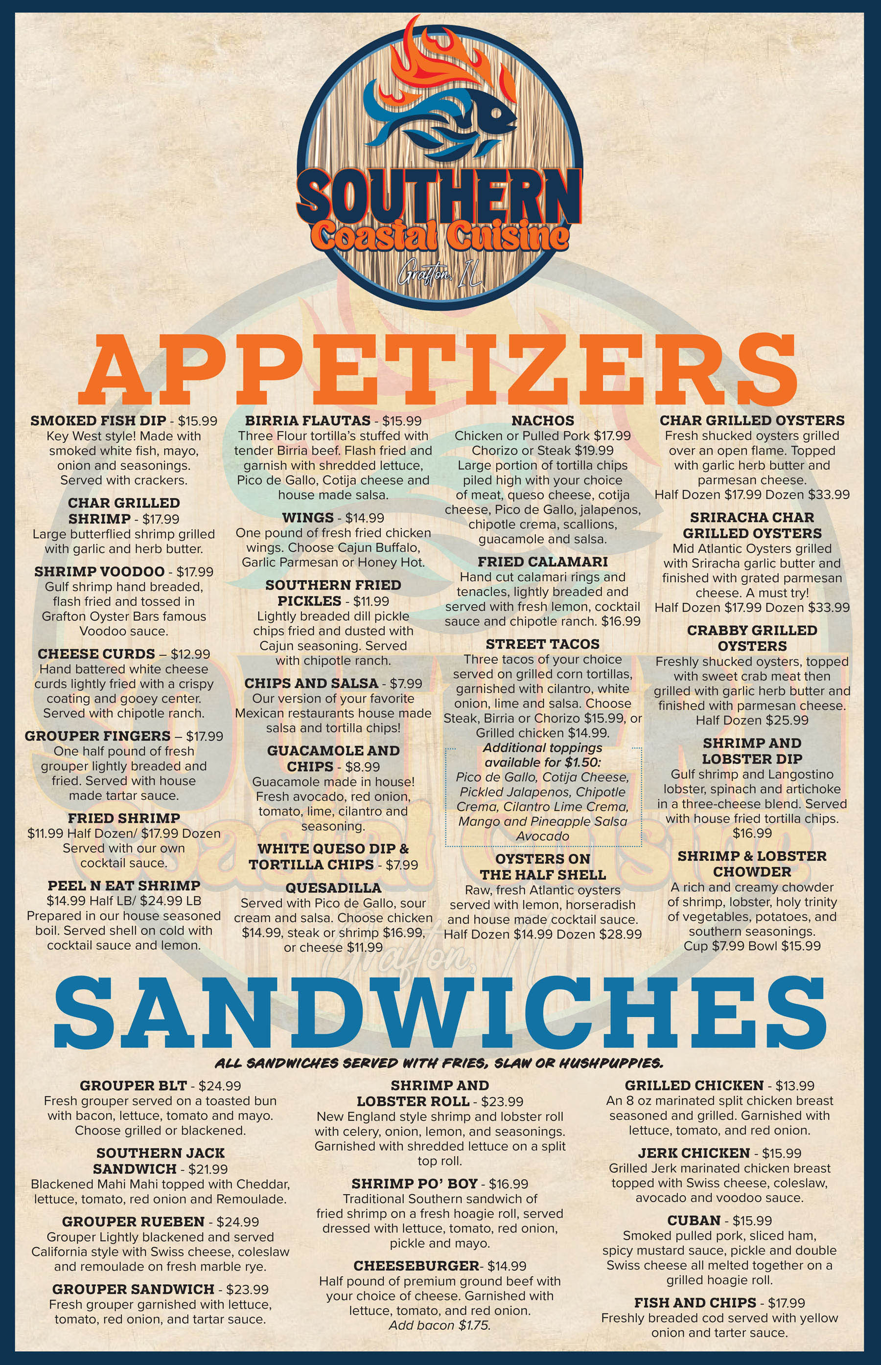 Southern Coastal Cuisine/ Grafton, Illinois / NOW OPEN! / 1-618-786-8000